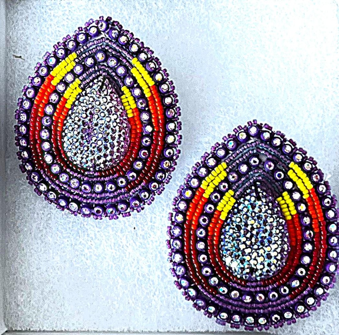 Cree First Nations Hand Beaded Purple 'teardrop' Earrings Great Plains ...
