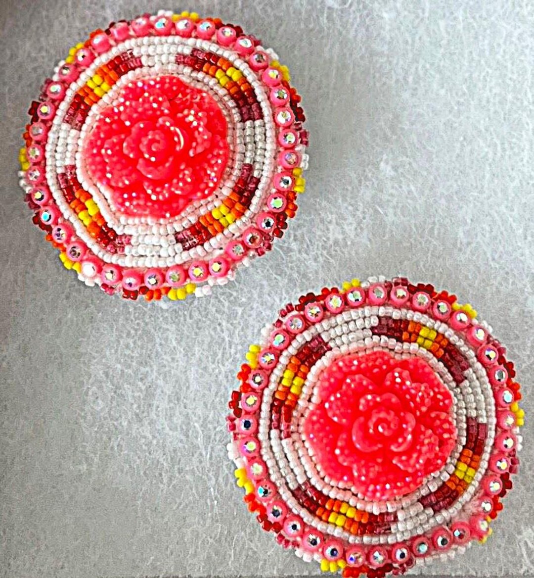 Cree First Nations Hand Beaded Pink 'rose' Earrings Great Plains ...