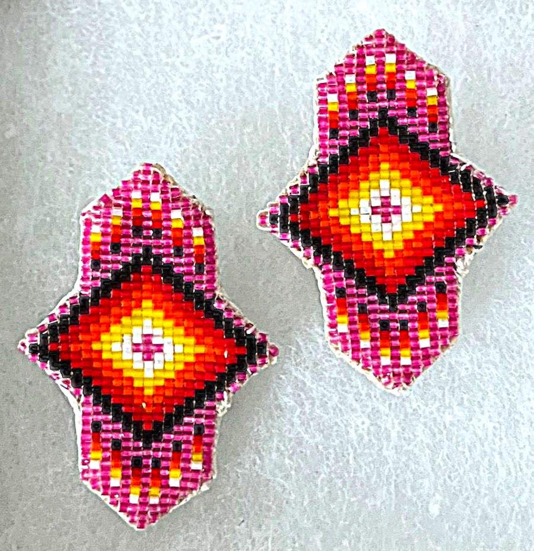Cree First Nations Hand Beaded Pink 'geometric' Earrings Great Plains ...