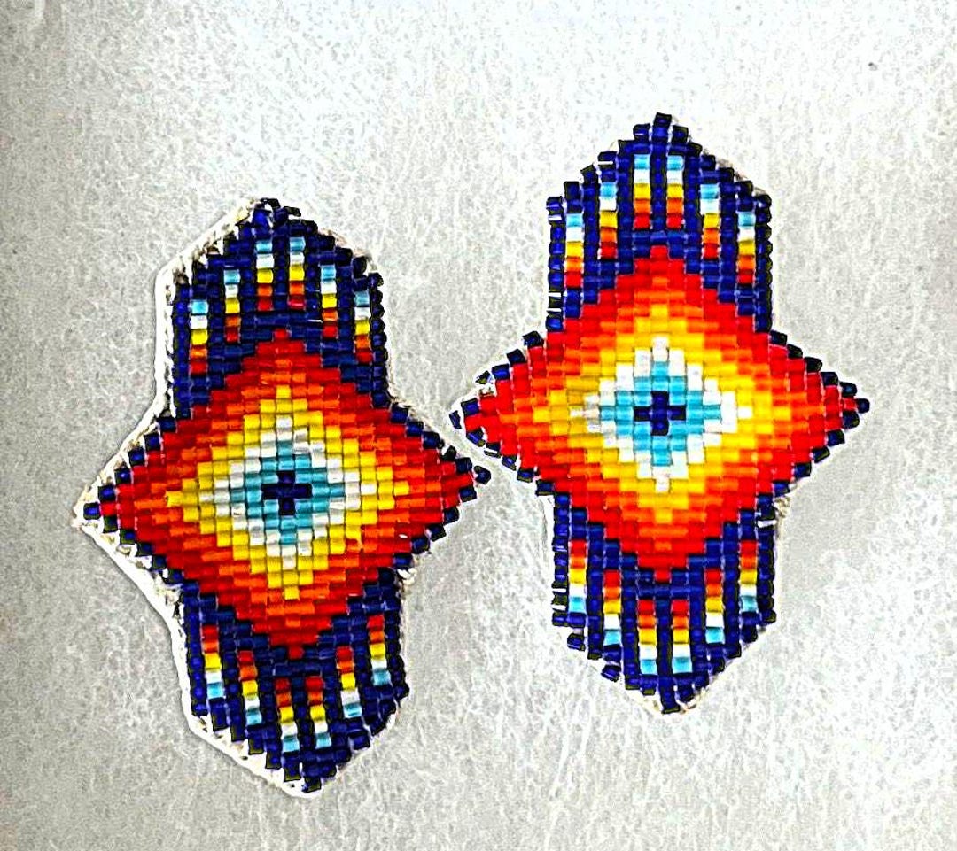Cree First Nations Hand Beaded Dark Blue 'geometric' Earrings Great ...