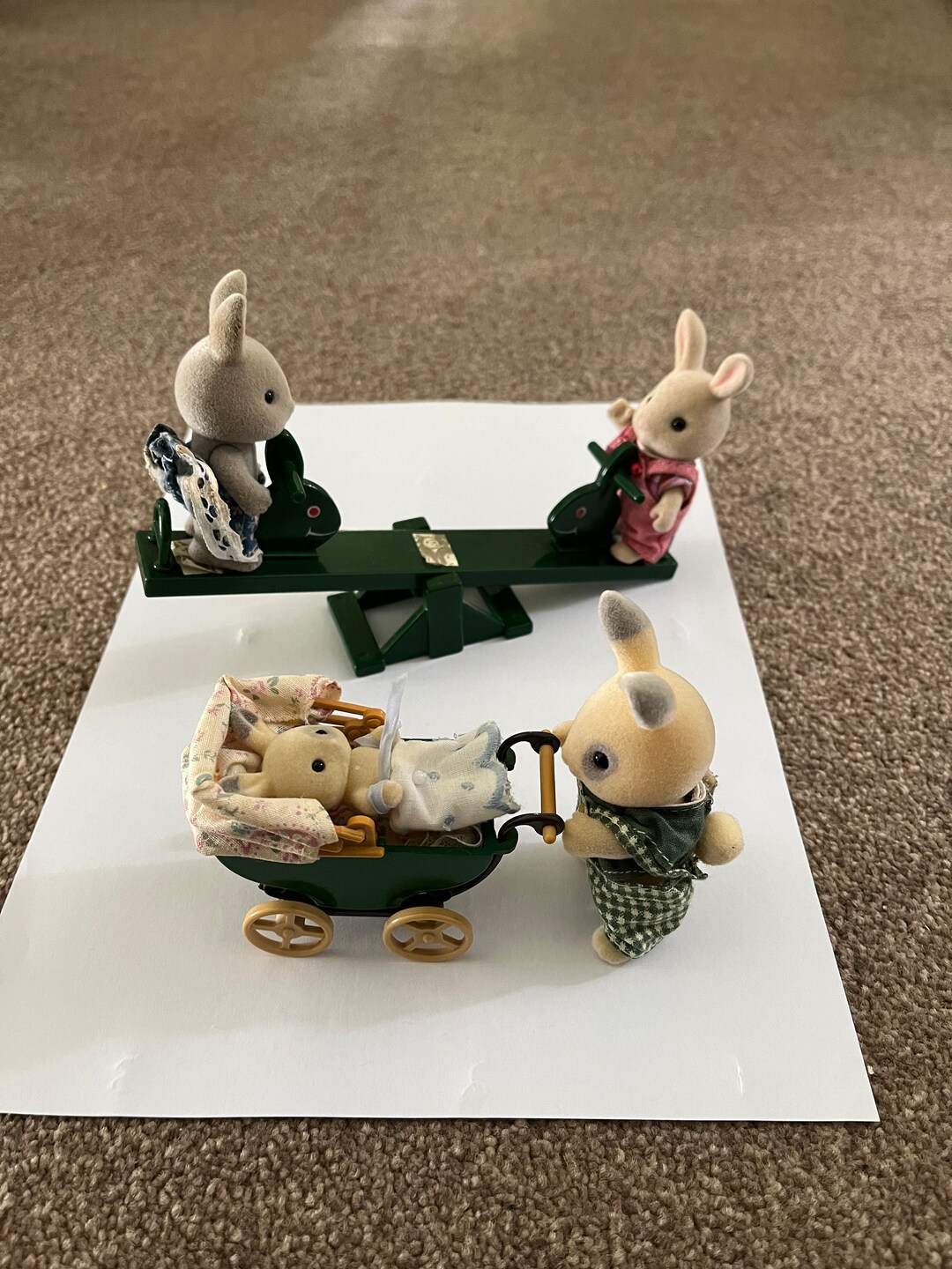 Sylvanian Vintage Rabbit With Baby in Pushchair and 2 Rabbits on Seesaw ...