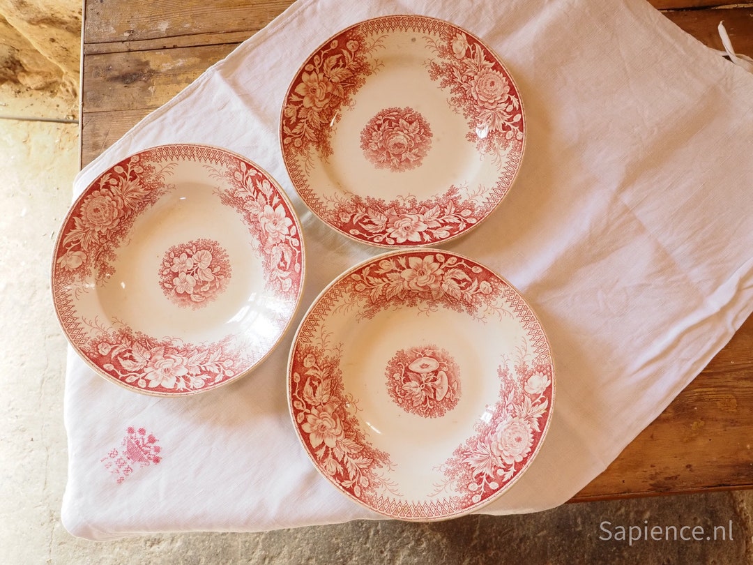 Set of 3 Sweet Antique French Creamware With Red Decor Soup and Diner ...