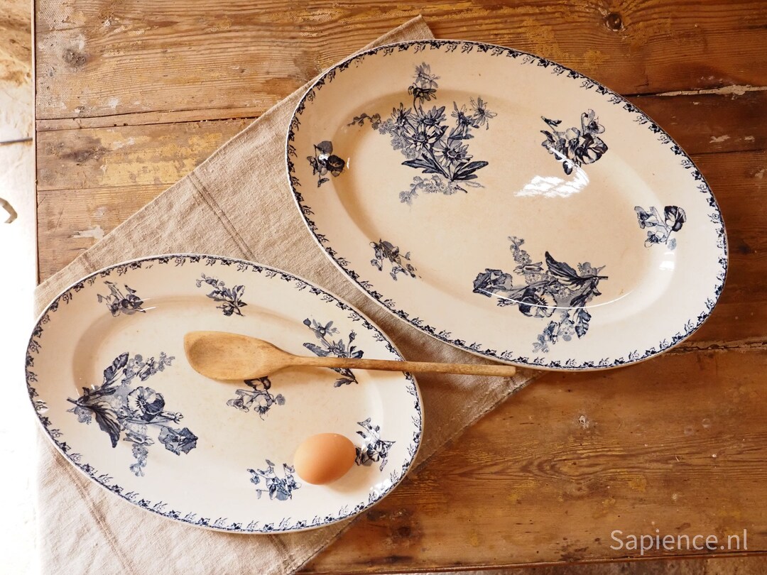 Pair of Platters, Large Oval Antique French Sarreguemines, White With ...