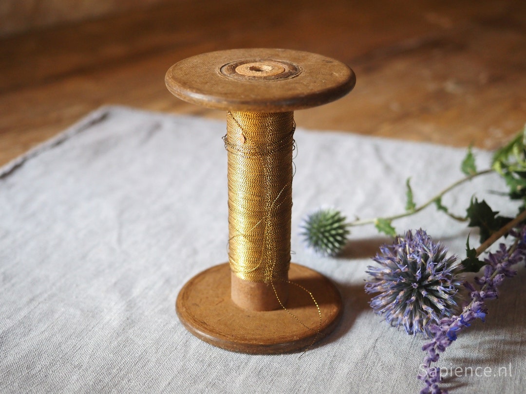 Decorative Large Antique French Wooden Bobbin or Reel With Gold Thread ...