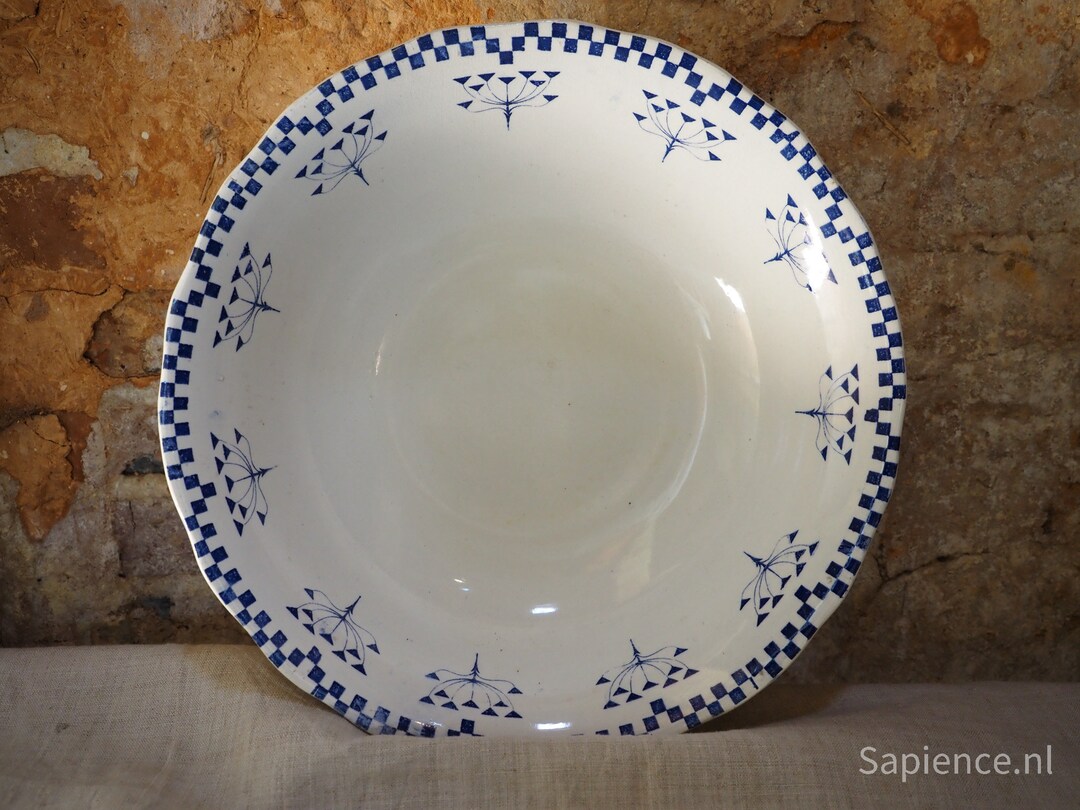 Art Deco Basin, Antique French Ironstone Bowl, Blue Checkered Decor ...