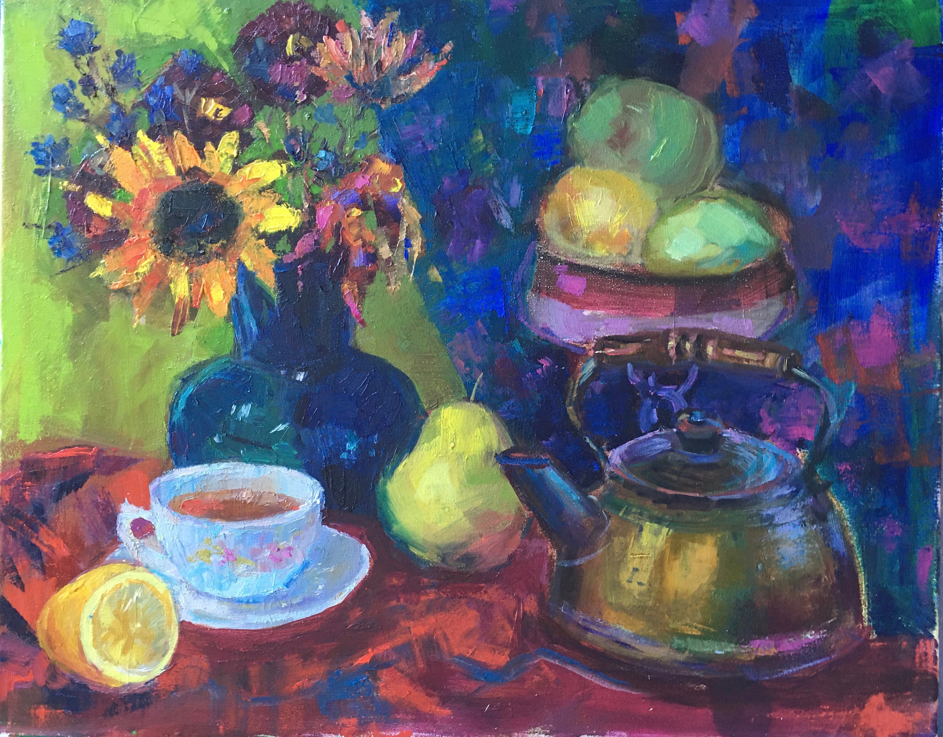 Original Oil Painting Still Life With Bronze Kettle ,fruits and Cup of ...