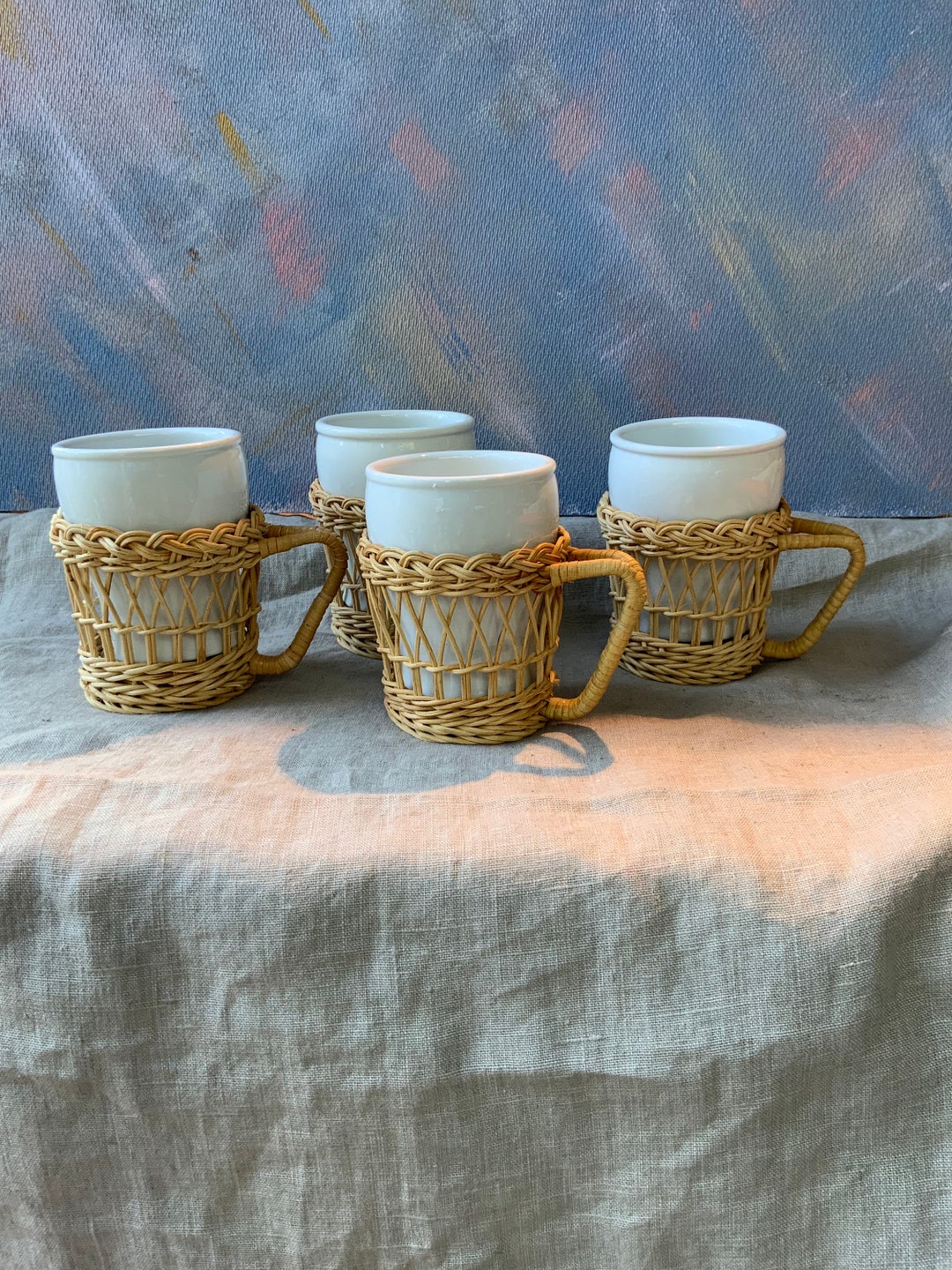 Set of 4 VTG Cups in Rattan / Wicker Holders - Etsy