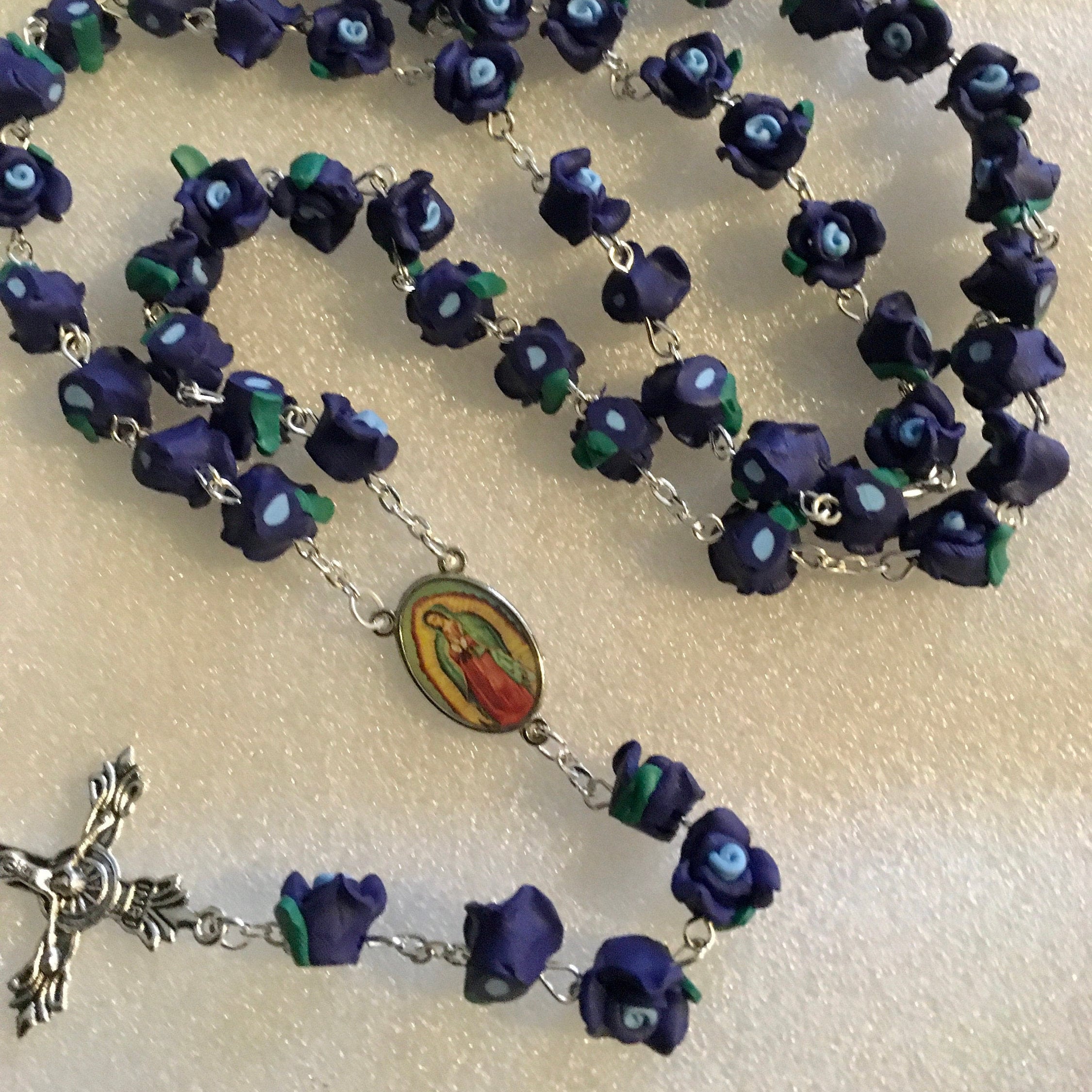 New Beautiful Blue Roses Virgin Mary Rosary, Unique Cross Rosary ...
