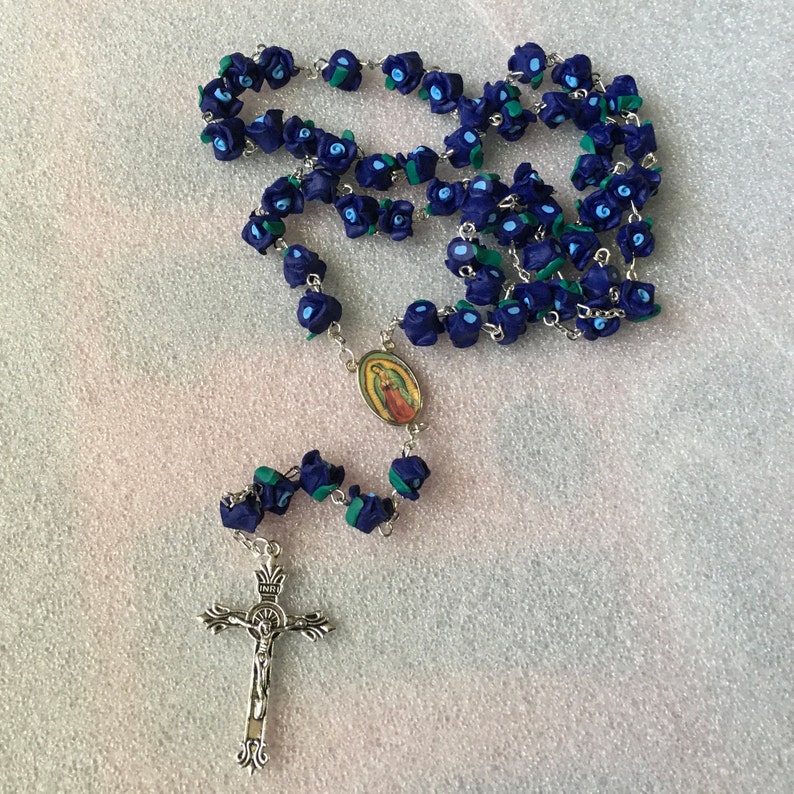 New Beautiful Blue Roses Virgin Mary Rosary, Unique Cross Rosary ...