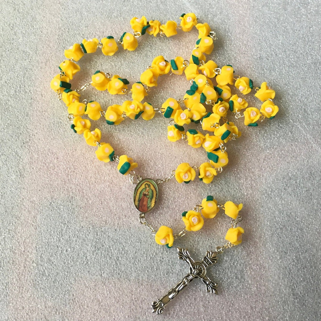 New Beautiful Yellow Roses Virgin Mary Rosary, Unique Cross Rosary ...