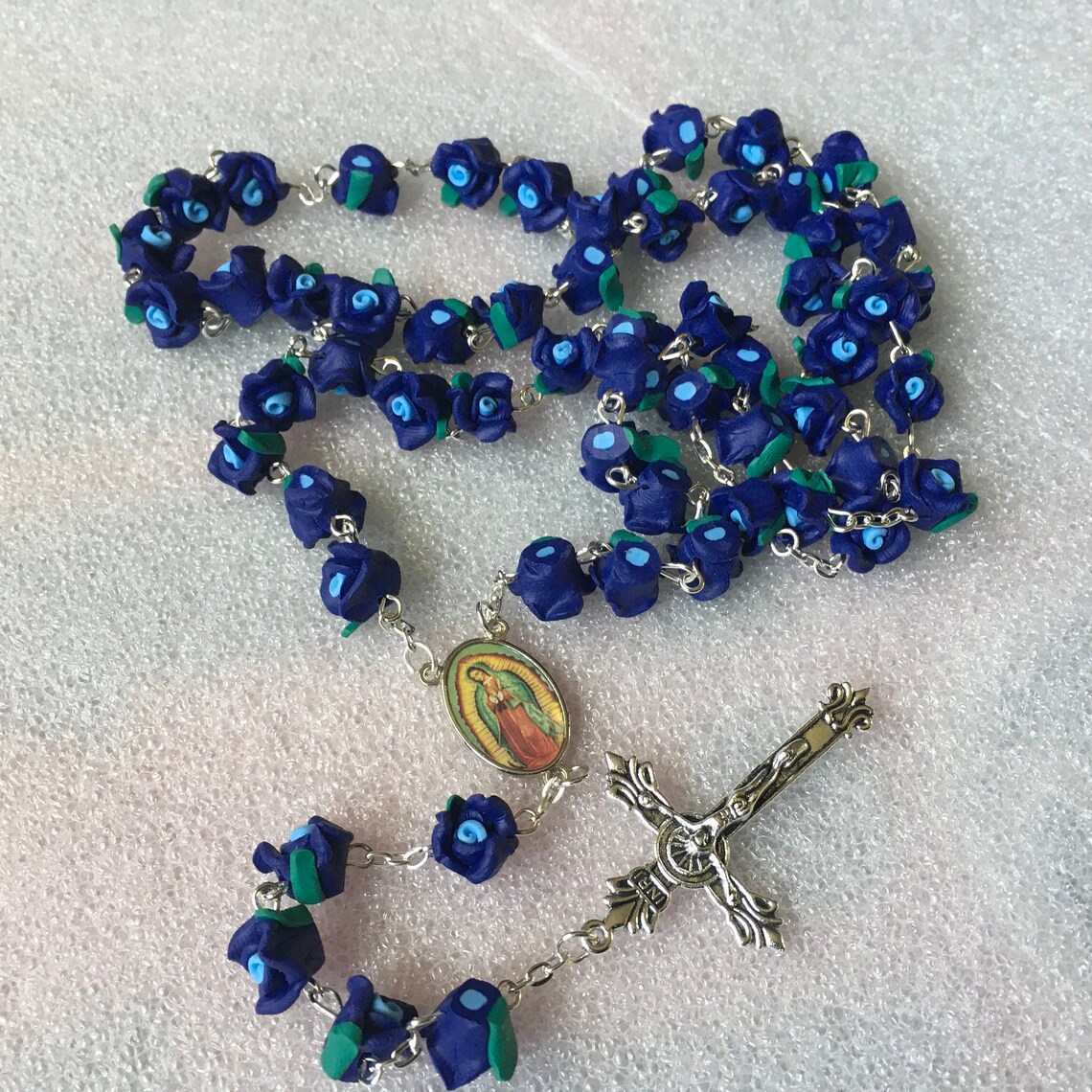 New Beautiful Blue Roses Virgin Mary Rosary, Unique Cross Rosary ...