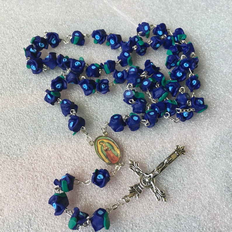 New Beautiful Blue Roses Virgin Mary Rosary, Unique Cross Rosary ...