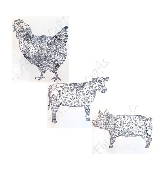 Farm Animal Bundle 3 Zentangle Coloring Pages | Etsy