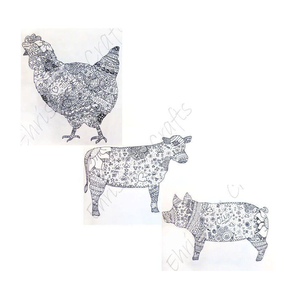Farm Animal Bundle- 3 Zentangle Coloring Pages - Etsy