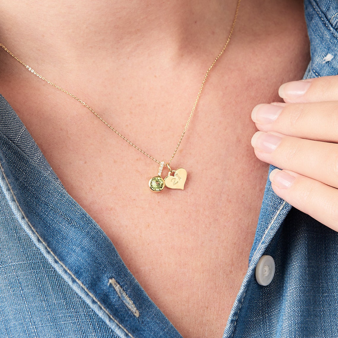 Gold Birthday Necklace, Birthstone Initial Pendant, Customised Heart ...