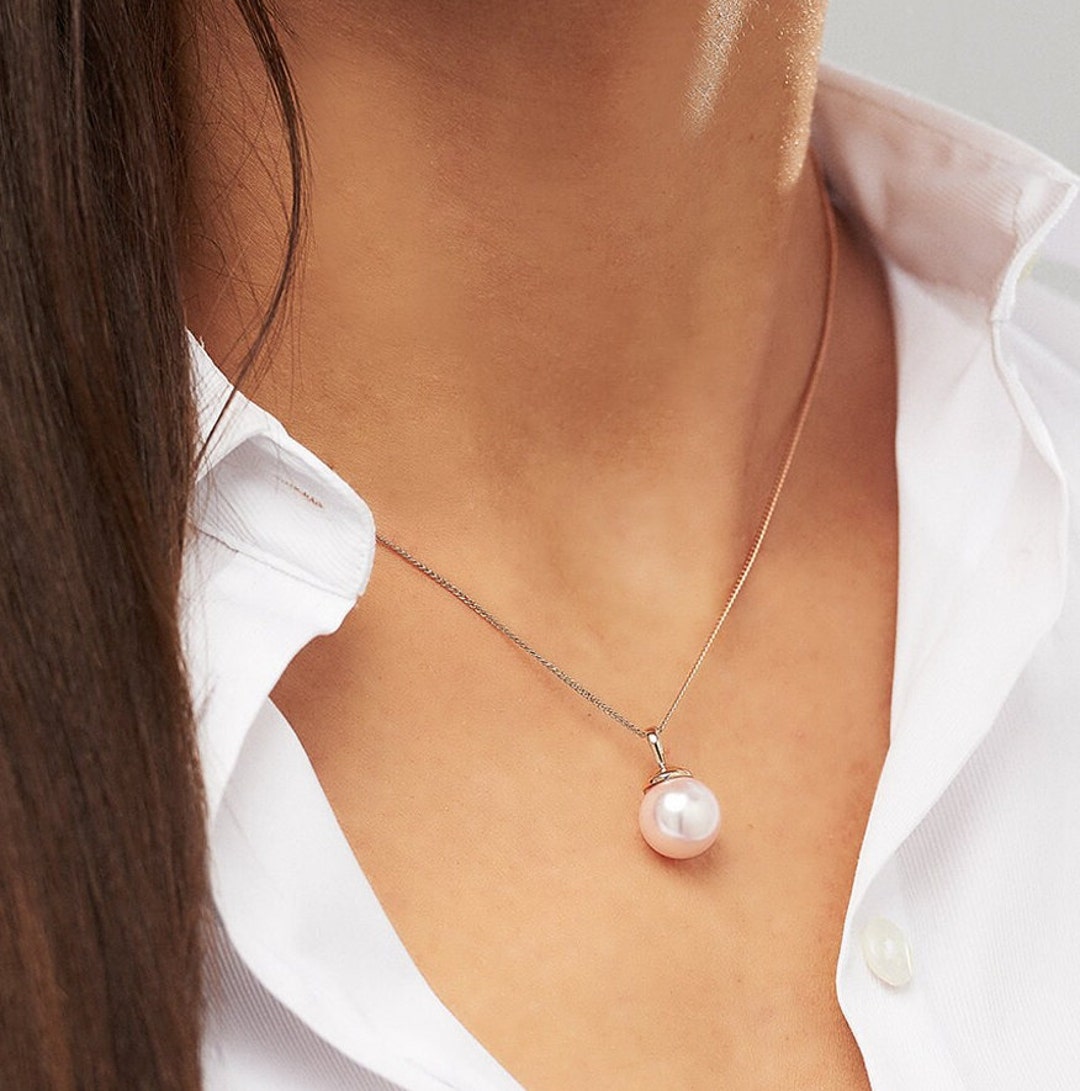 White Single Pearl Pendant Necklace and Chain in Rose Gold Vermeil ...