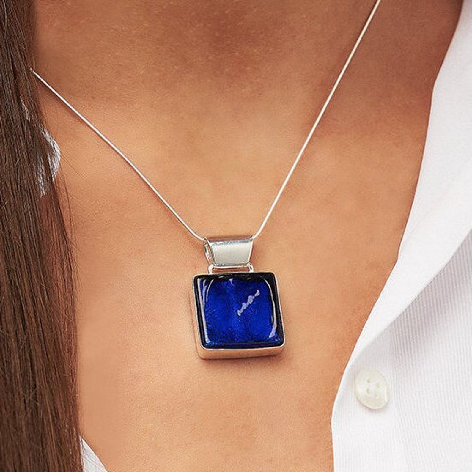 Silver Square Pendant Murano Glass and Sterling Silver, Cobalt Blue ...