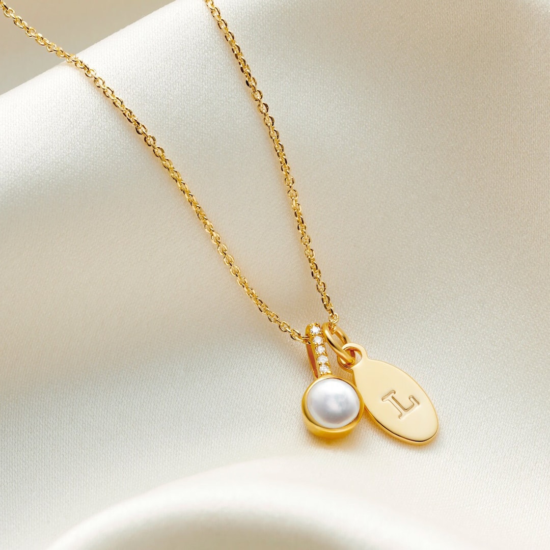 Pearl Birthstone Necklace With Real Diamonds & Gold Initial Charm, June ...
