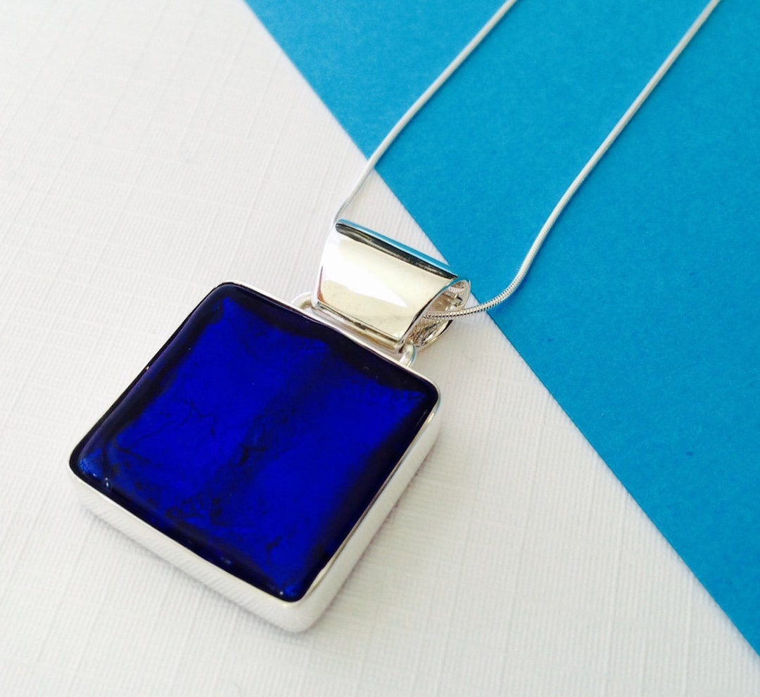 Silver Square Pendant - Murano Glass and Sterling Silver, Cobalt Blue ...