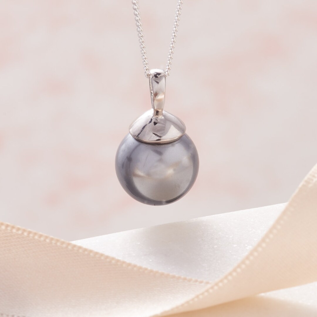 Dark Grey Large Pearl Pendant Necklace and Sterling Silver Chain ...