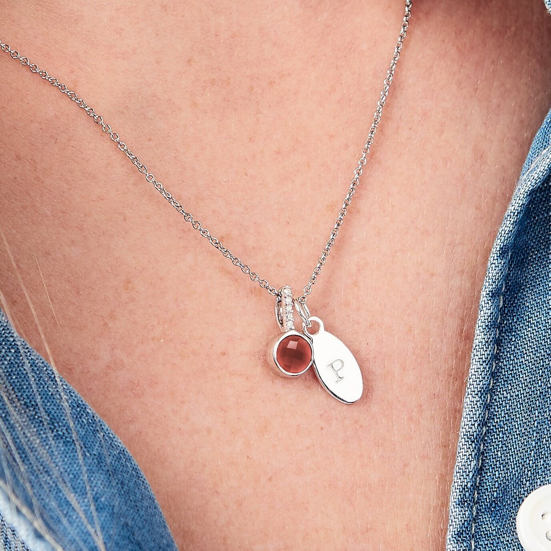 Real Garnet Birthstone Initial Necklace Sterling Silver, Faceted Garnet ...