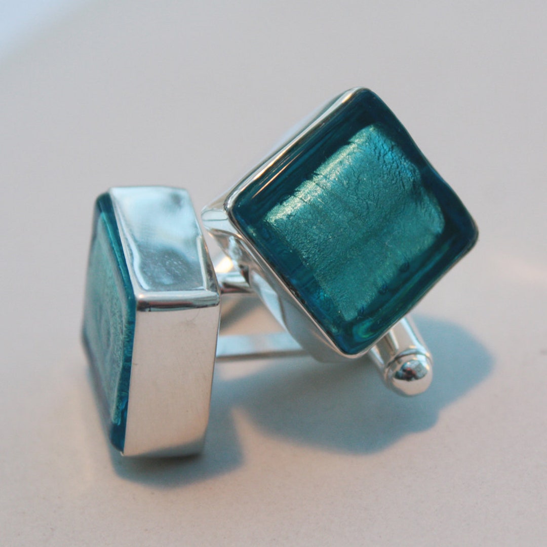 Murano Glass Cufflinks Set in Solid Sterling Silver - Aqua Blue Square ...