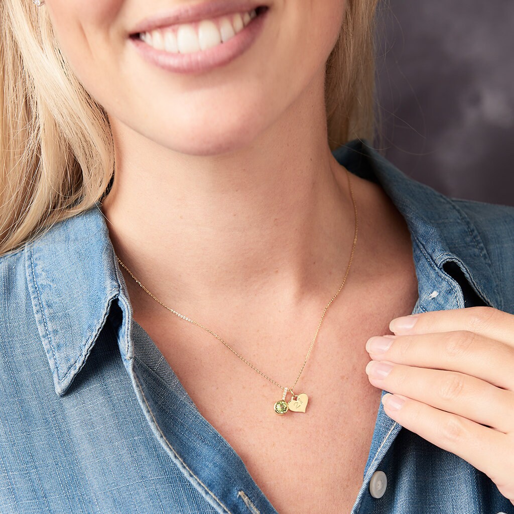 Gold Birthday Necklace, Birthstone Initial Pendant, Customised Heart ...