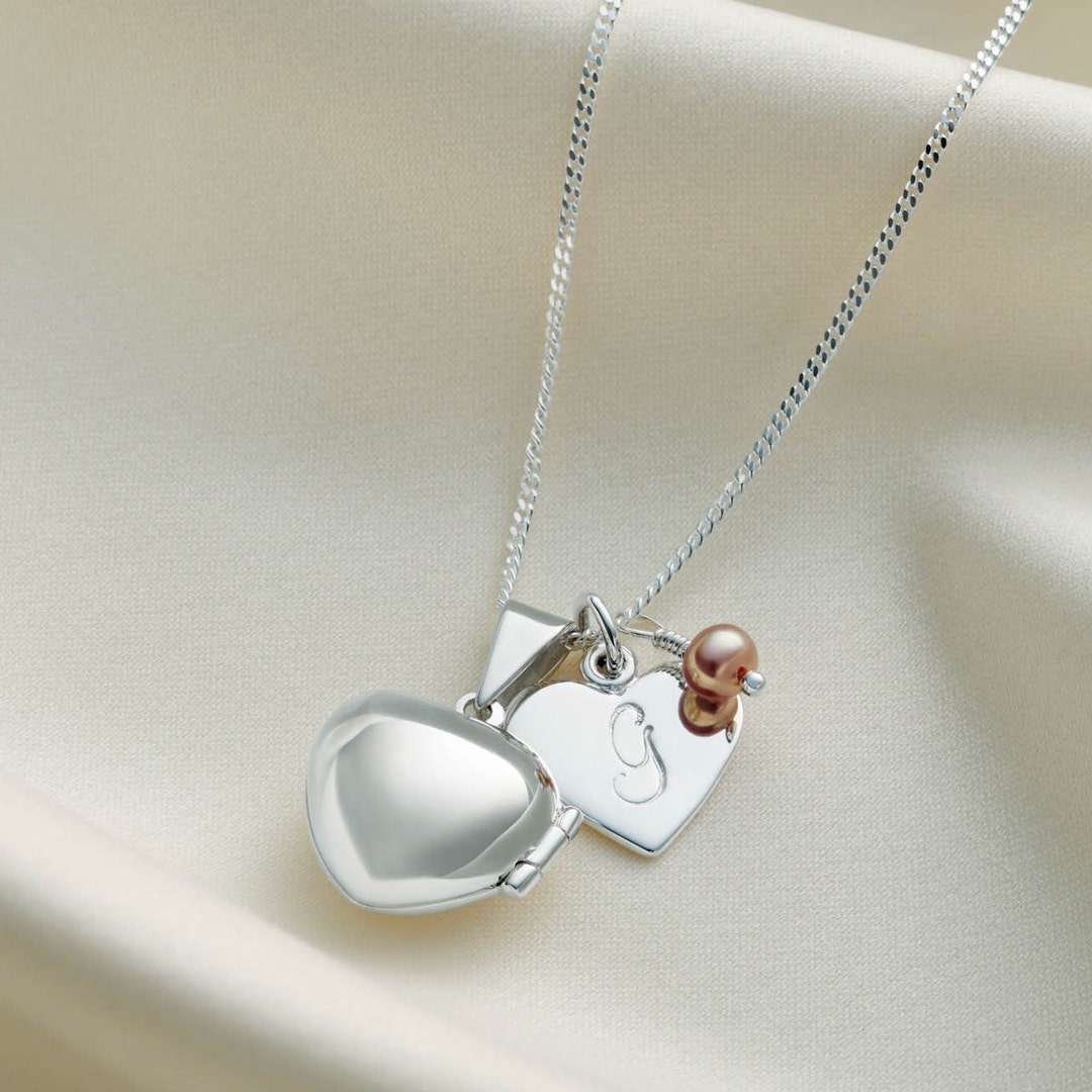 Silver Heart Locket Necklace With Birthstone and Initial Charm, Picture ...