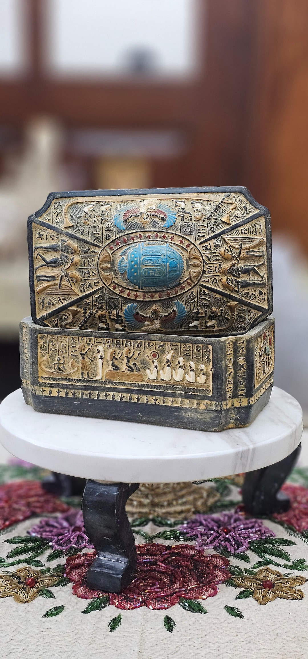 Vintage Jewlery Box From Egyptian Stone With Ancient Inscriptions and ...
