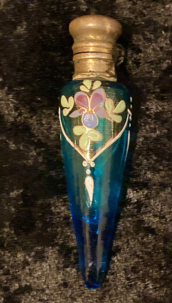 Antique 1900s Hand Painted Aqua Glass Teardrop Perfum… - Gem