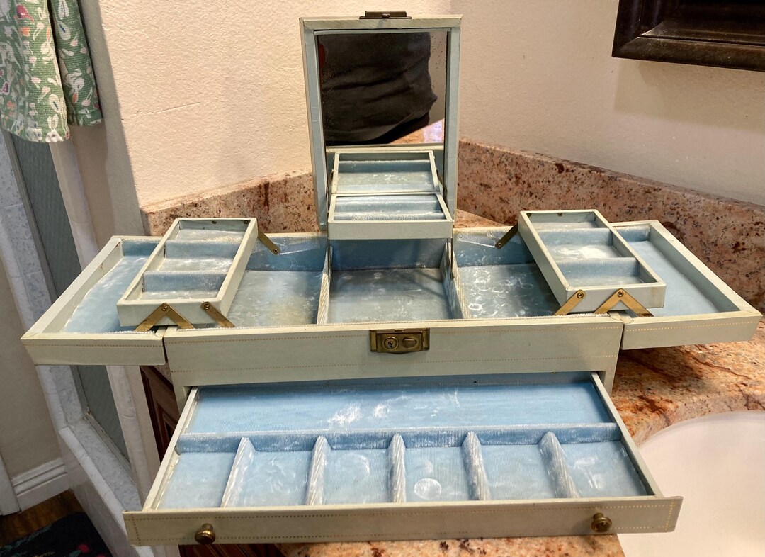 Vintage 1950s Mele Three Tier Large Jewelry Box Light Blue With Gold ...