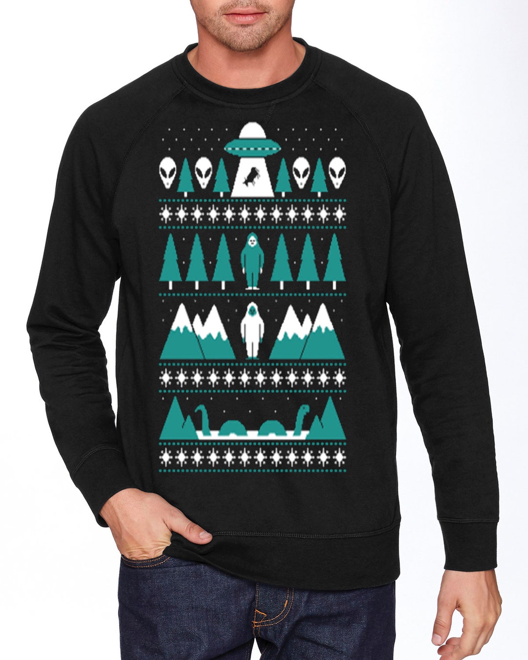Christmas Ugly Sweater Alien Bigfoot Wilderness / Ugly Sweaters ...