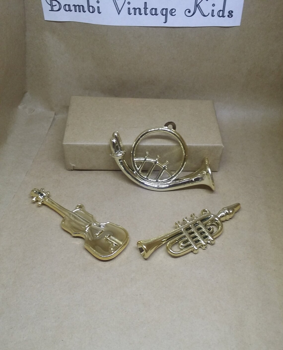 1 Vintage Small Gold Instruments, Plastic French Horn,gold Cello or ...