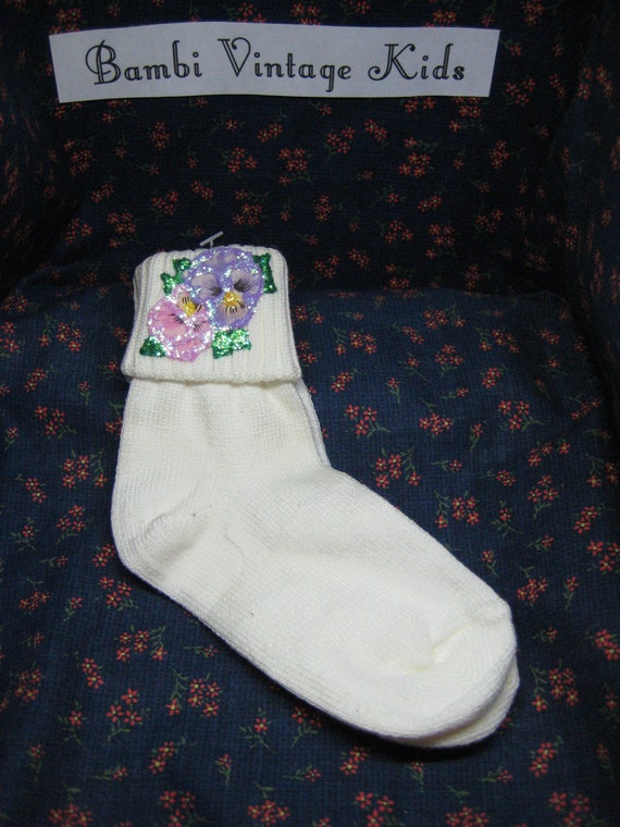 Vintage Girls Pink and Purple Flower Glitter Socks, V… - Gem