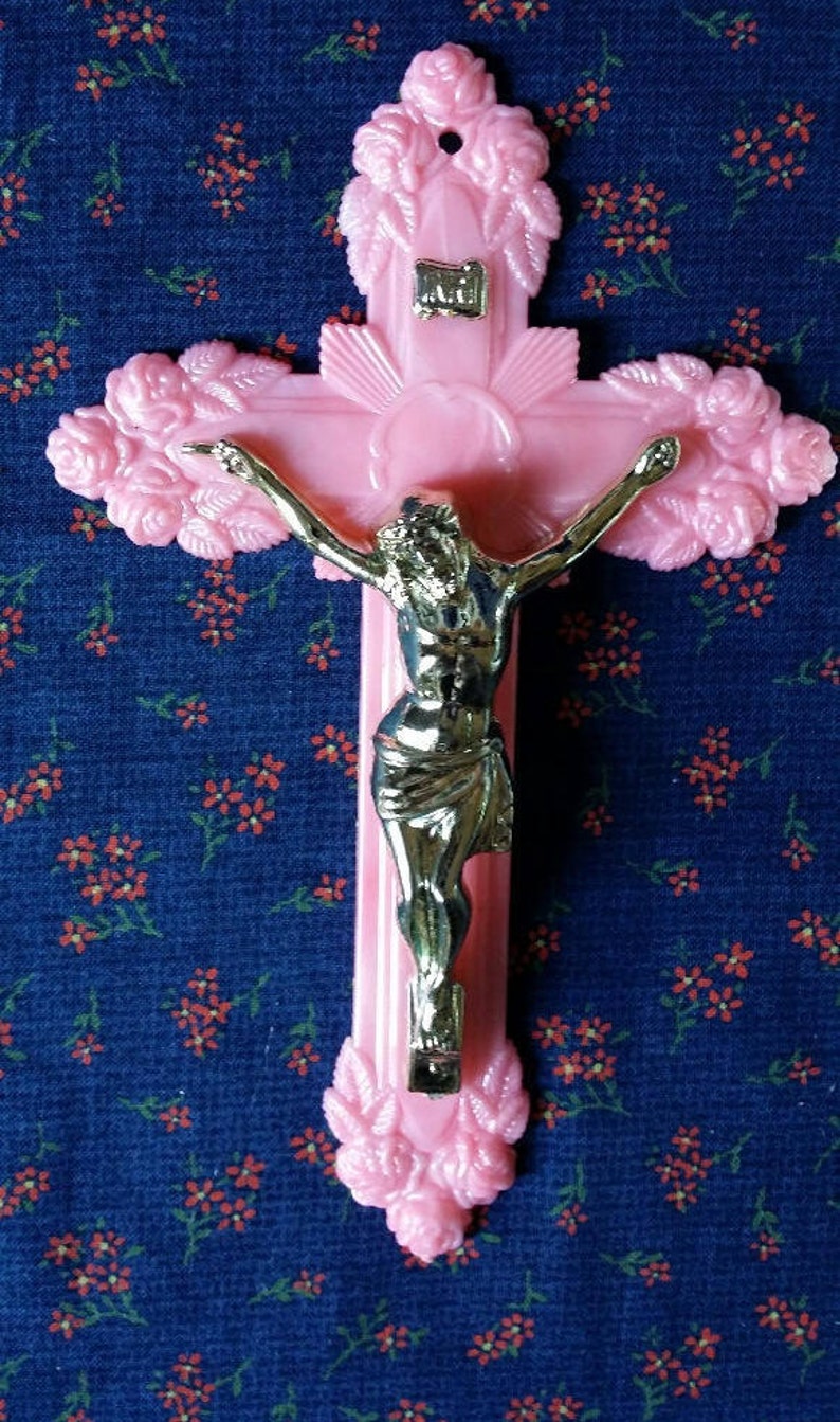 Plastic Crucifix W Jesus,blue Roses Cross,blue Cross,retro Wall Hanging ...