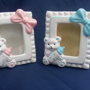 Vintage Teddy Bear W Bottle Frames, Pink Bear Frame, Blue Ceramic Frame ...