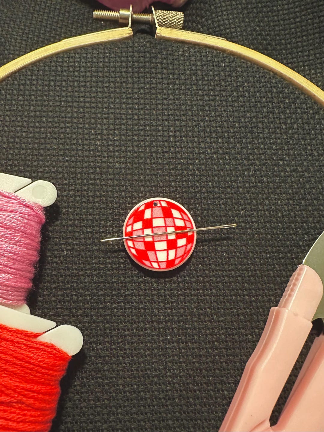Handmade Pink Disco Ball Enamel Needle Minder | Magnetic Needle Keeper ...