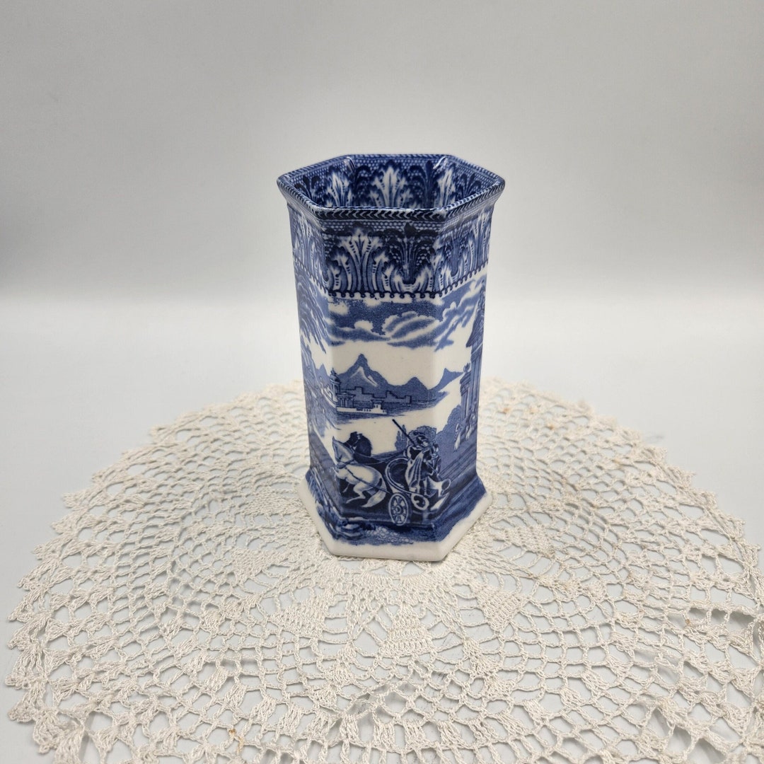 1930s Cauldon Chariot 6 Sided Vase, Blue and White Vase, Made in ...