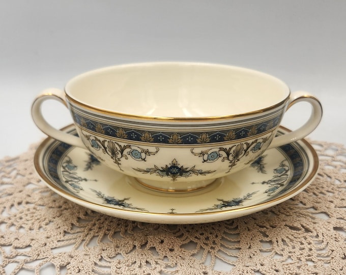 Minton Grasmere Blue Cream Soup Bowl and Saucer, Handled Soup Bowl and ...