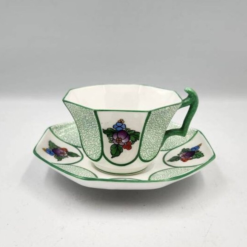 Art Deco Cup and Saucer by Crown Staffordshire China Green - Etsy