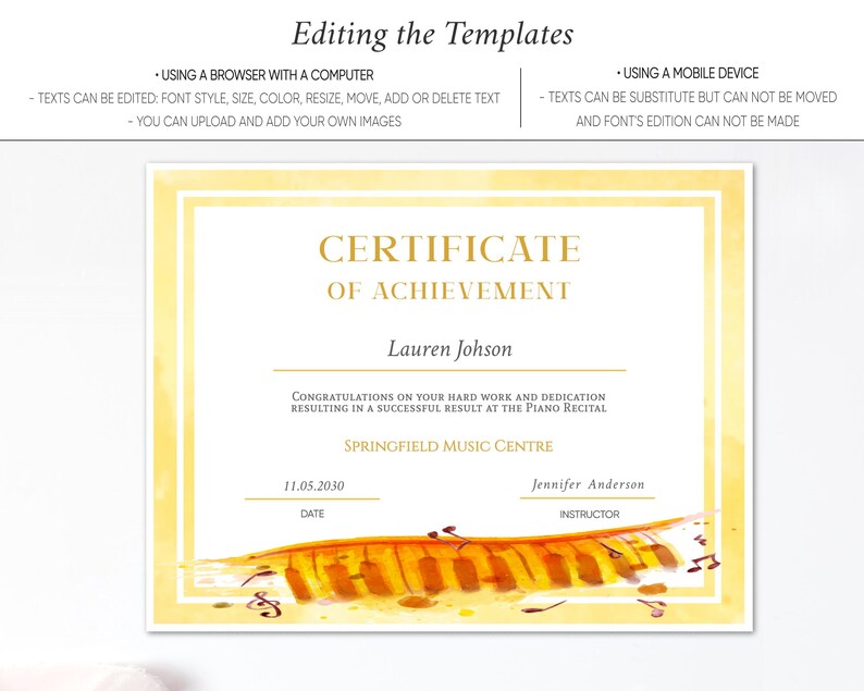 Editable Music Recital Certificate of Achievement (digital Download) - Etsy