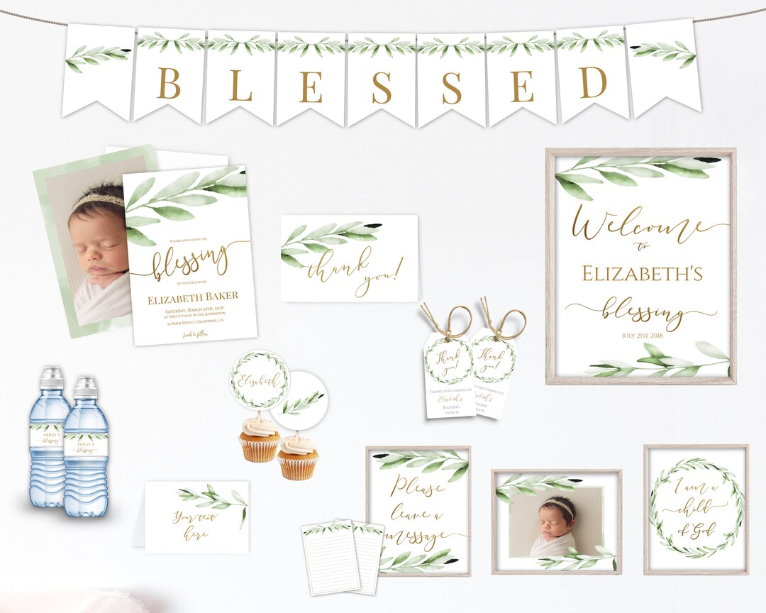 Olive Greenery Blessing Invitation Bundle, LDS Baby Blessing Decor ...