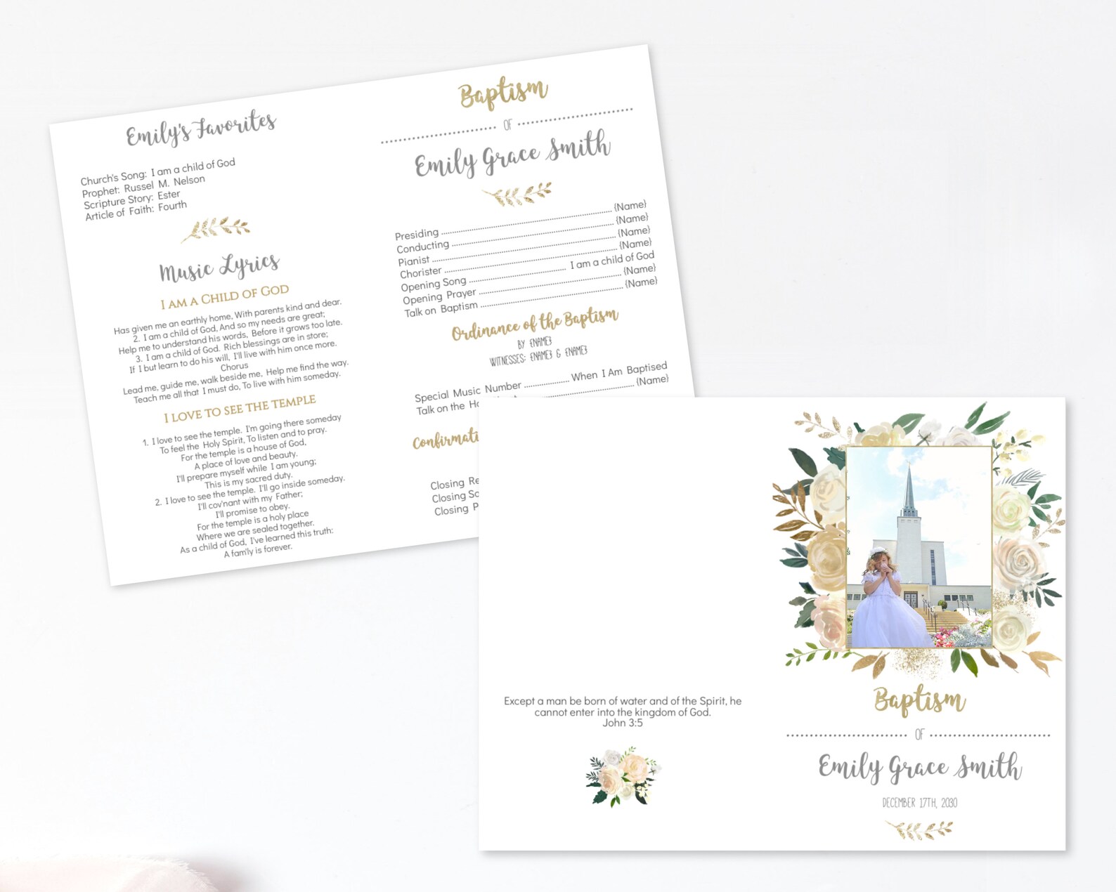 LDS Baptism Program Kit: White Gold Floral, Editable Template (digital ...