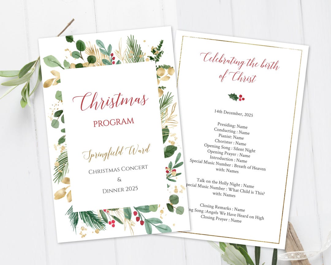 Christmas Program Editable Template, Christmas Greenery Foliage Leaves ...