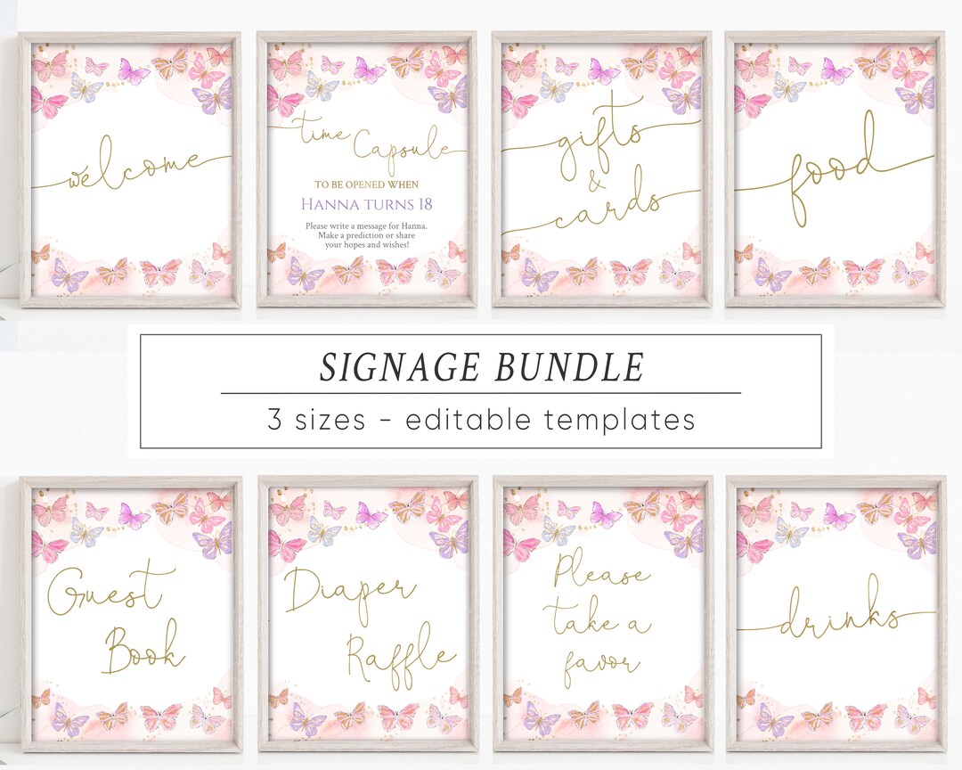 Butterfly Baby Shower Sign Bundle: Pink, Purple, Gold (printable) - Etsy