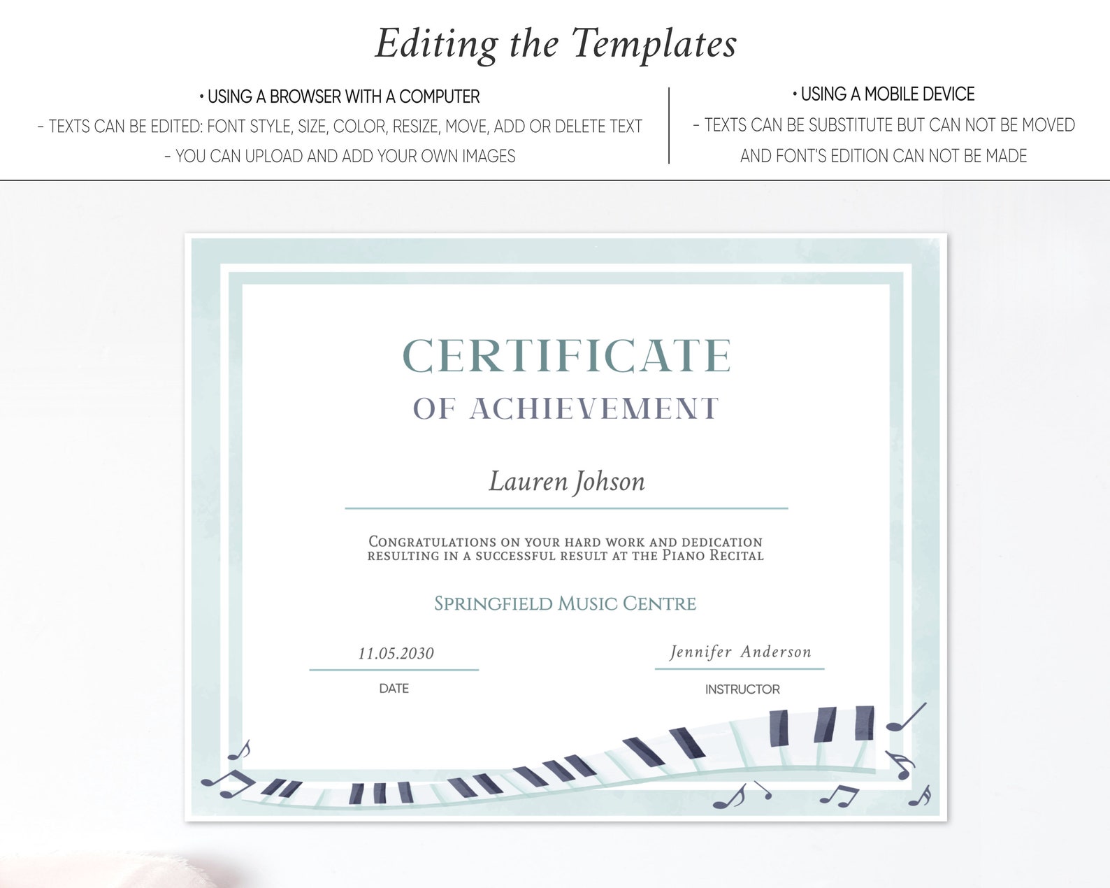 Music Recital Certificate of Achievement: Watercolor Piano Design ...