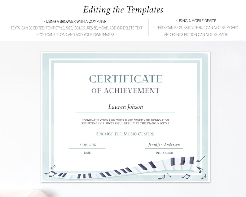 Music Recital Certificate of Achievement: Watercolor Piano Design ...