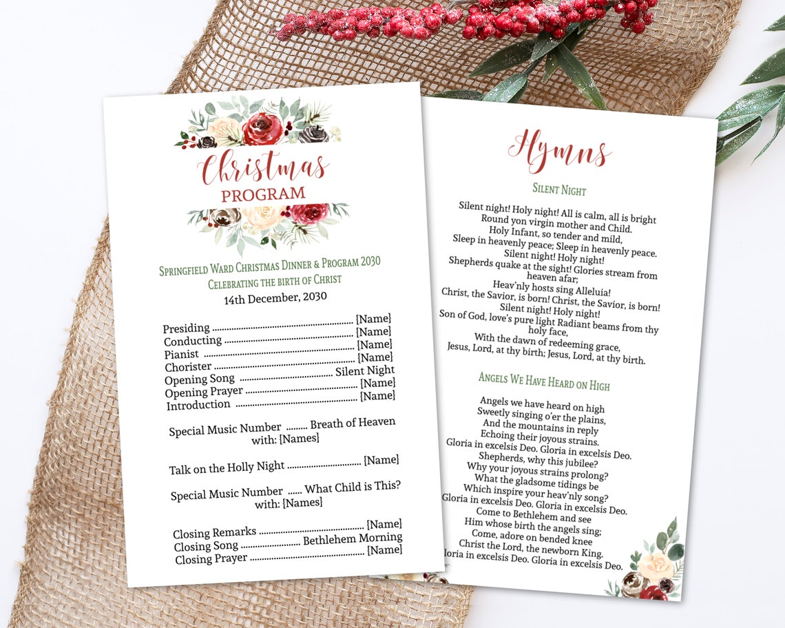 Christmas Program Editable Template, Christmas Winter Floral, Dinner ...