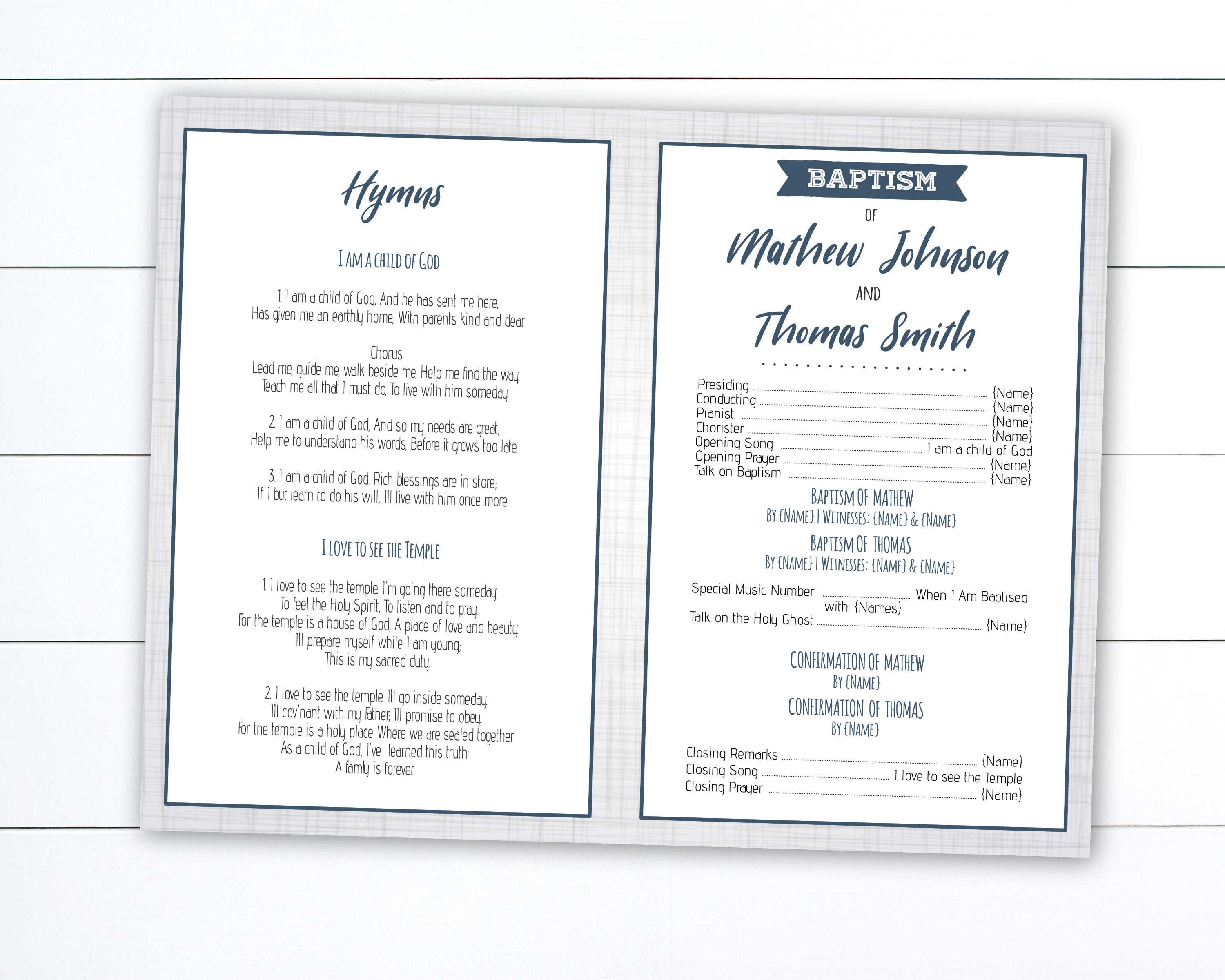 Boys Baptism Program Printable: Navy & Gray, Photo Template (digital ...