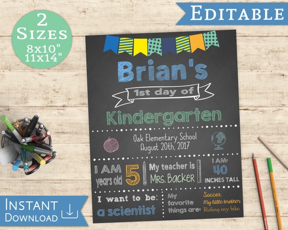 Back to School Boys Green Blue Chalkboard Kids Printable Sign First Day ...